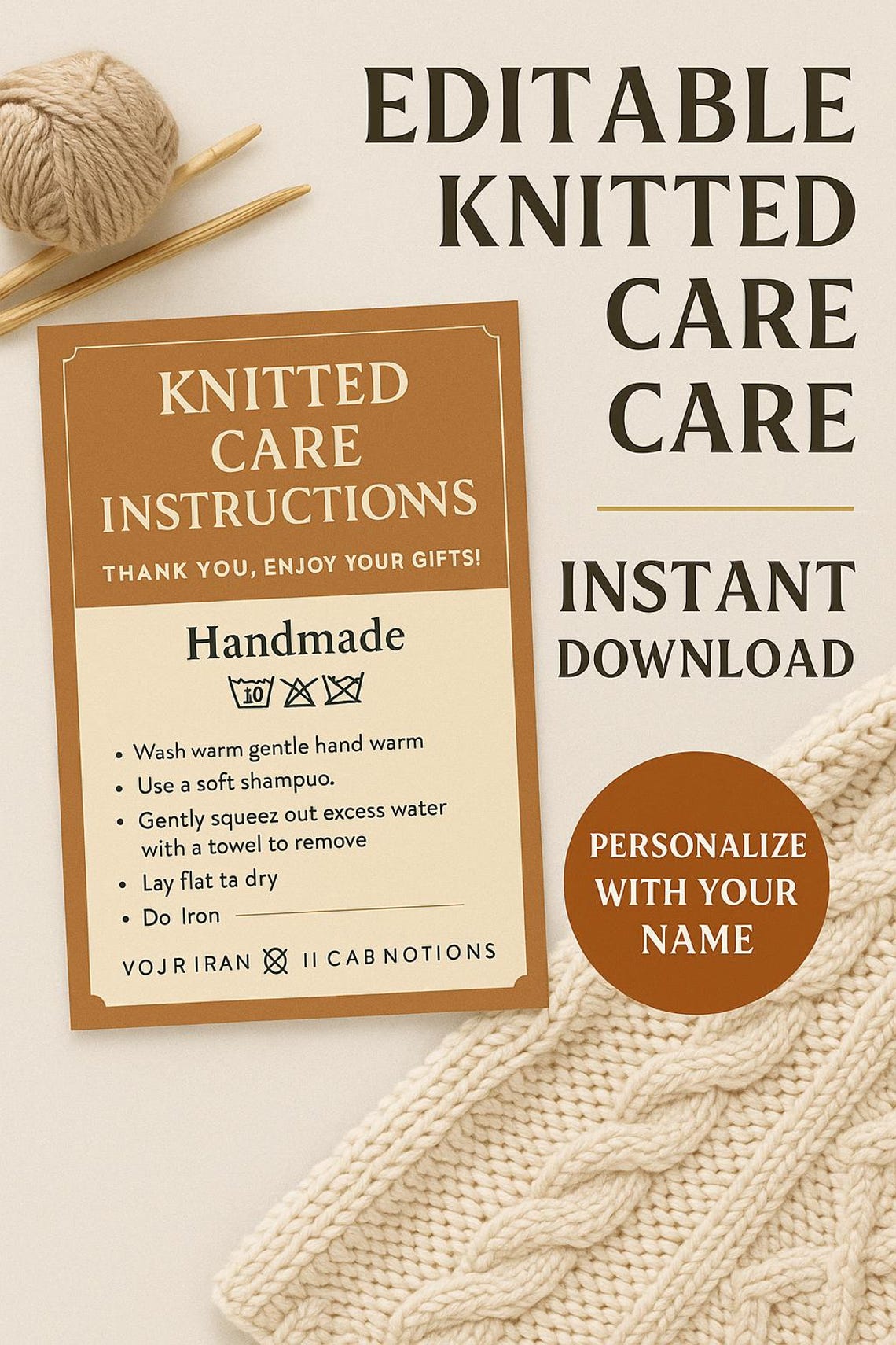 Editable Care Instructions Card Template: Handmade Product Packaging ...