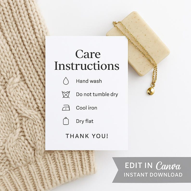 Editable Care Instructions Card Template: Handmade Product Packaging ...