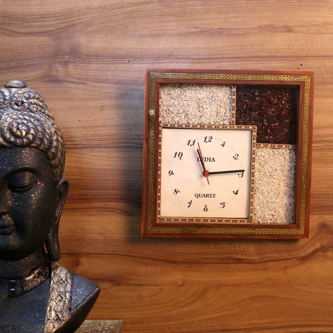 Handcrafted Wooden Gemstone Wall Clock Square Design Quartz Display ...