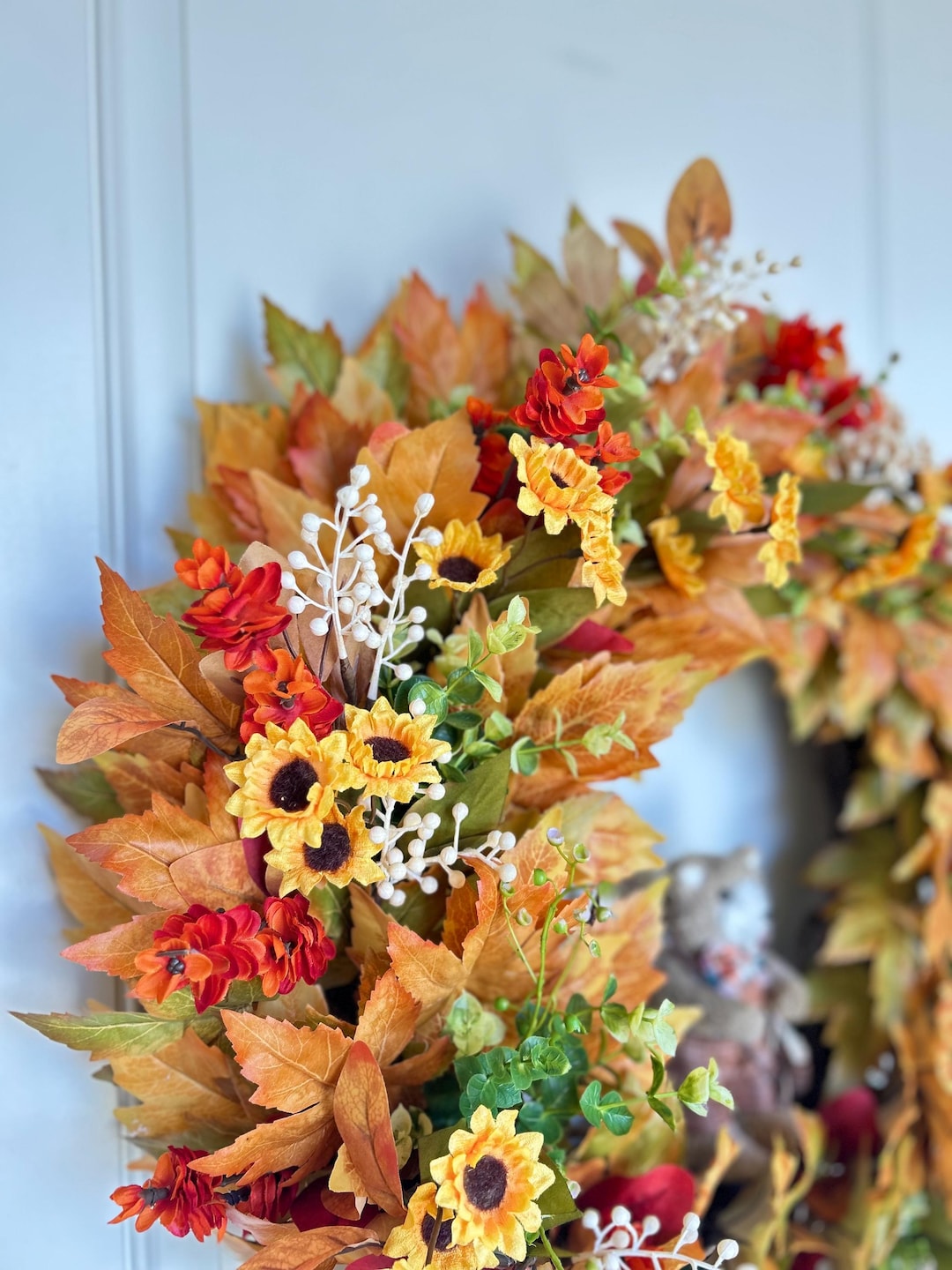 Extra-large Fall Sunflower Wreath: Maple Leaves & Plaid Bear - Etsy