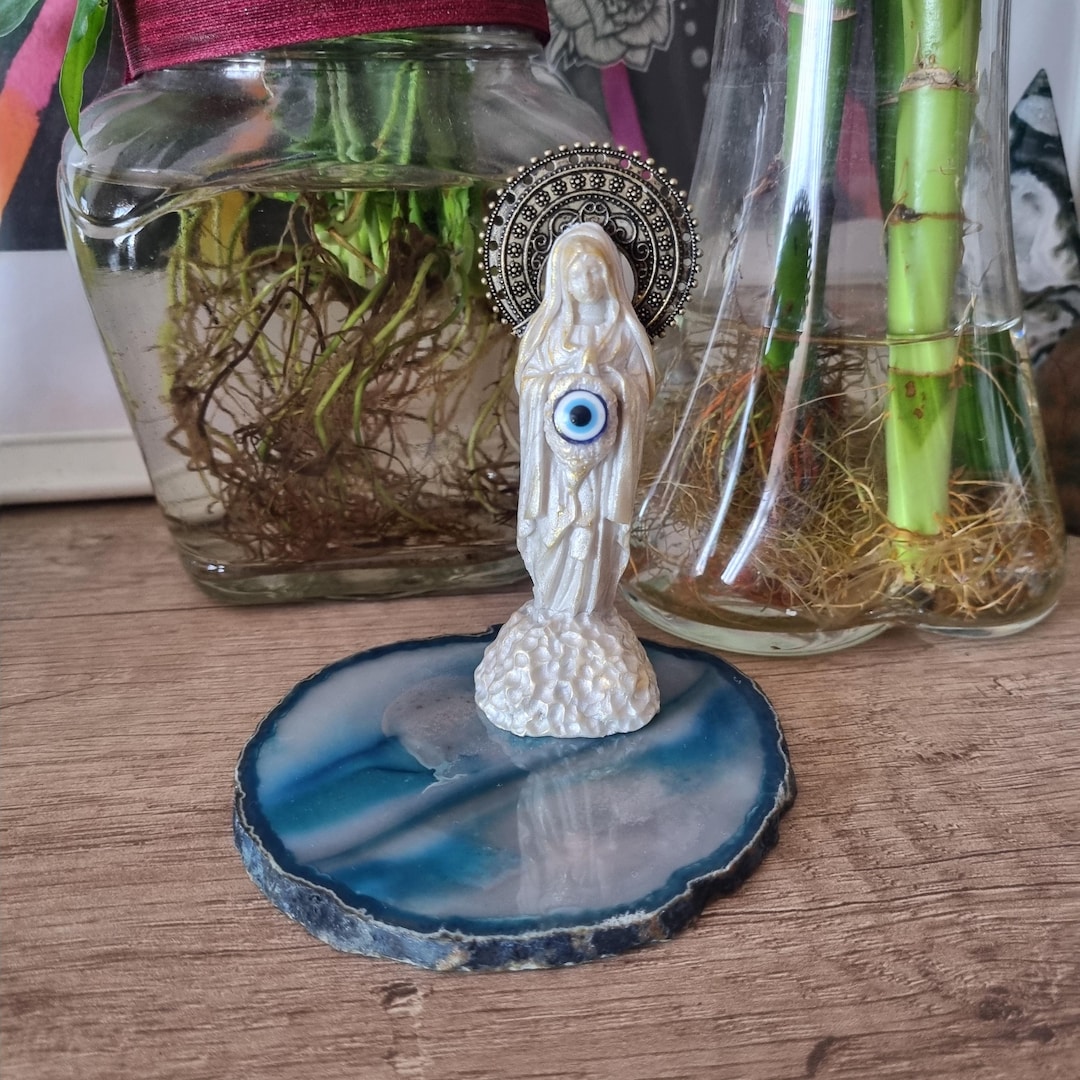 Pearl White Virgin Mary Statue With Evil Eye Pendant – Religious Gift ...