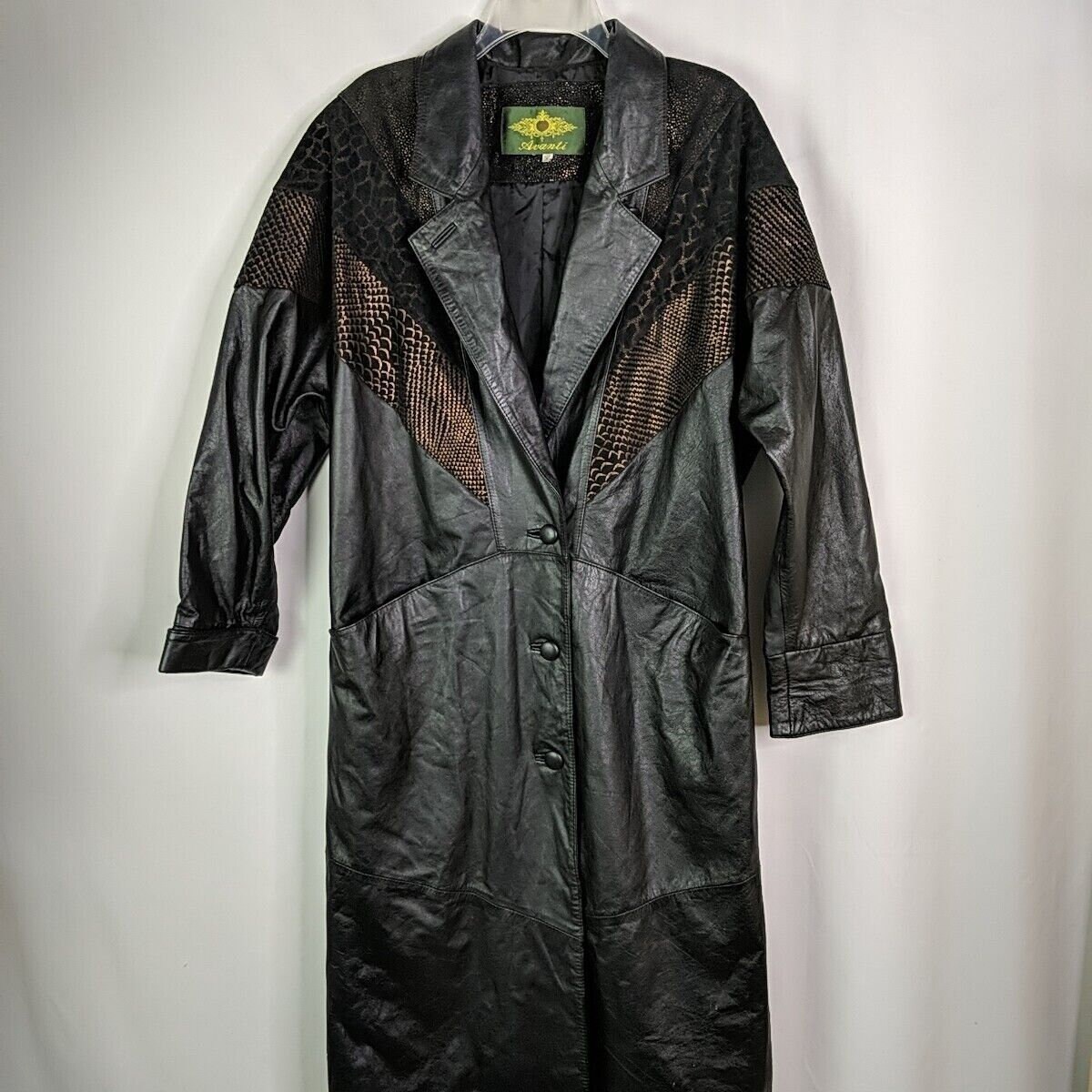 Avanti Long Leather Trench Coat Duster Black 80s 90s Button Bronze Croc ...