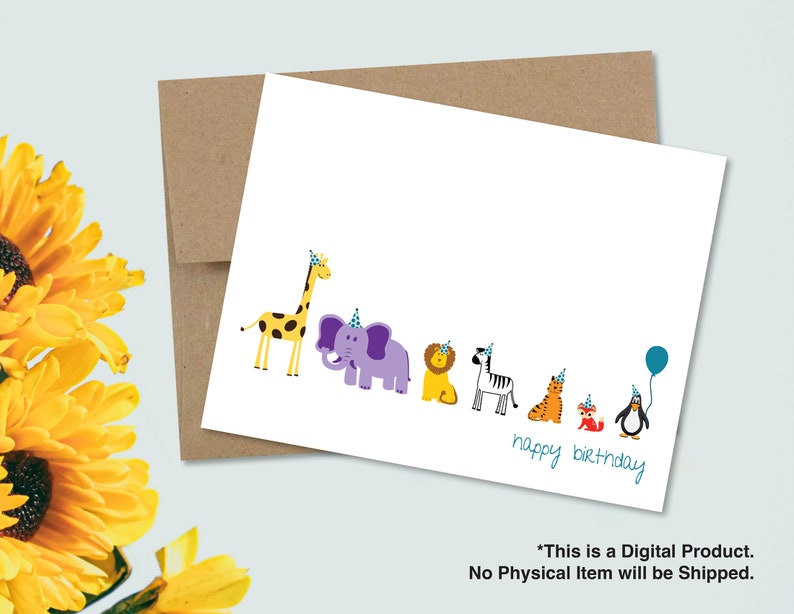 Printable Birthday Card, Kids Birthday Card, Zoo Animals Birthday, Cute ...
