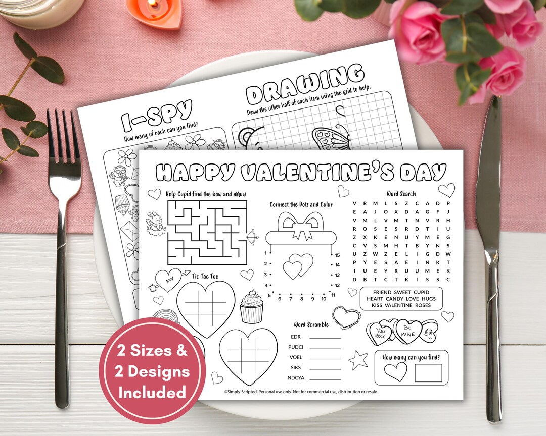 Valentine Activity Placemat, Printable Valentine's Day Coloring ...