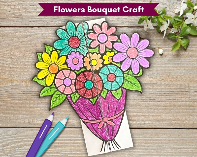 Flower Bouquet Coloring Card, Printable Mother's Day Craft, DIY Kids ...