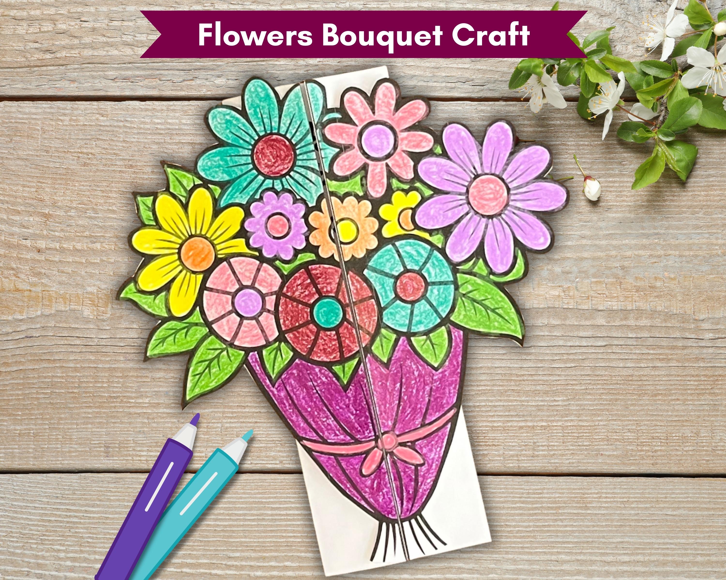 Flower Bouquet Coloring Card, Printable Mother's Day Craft, DIY Kids ...