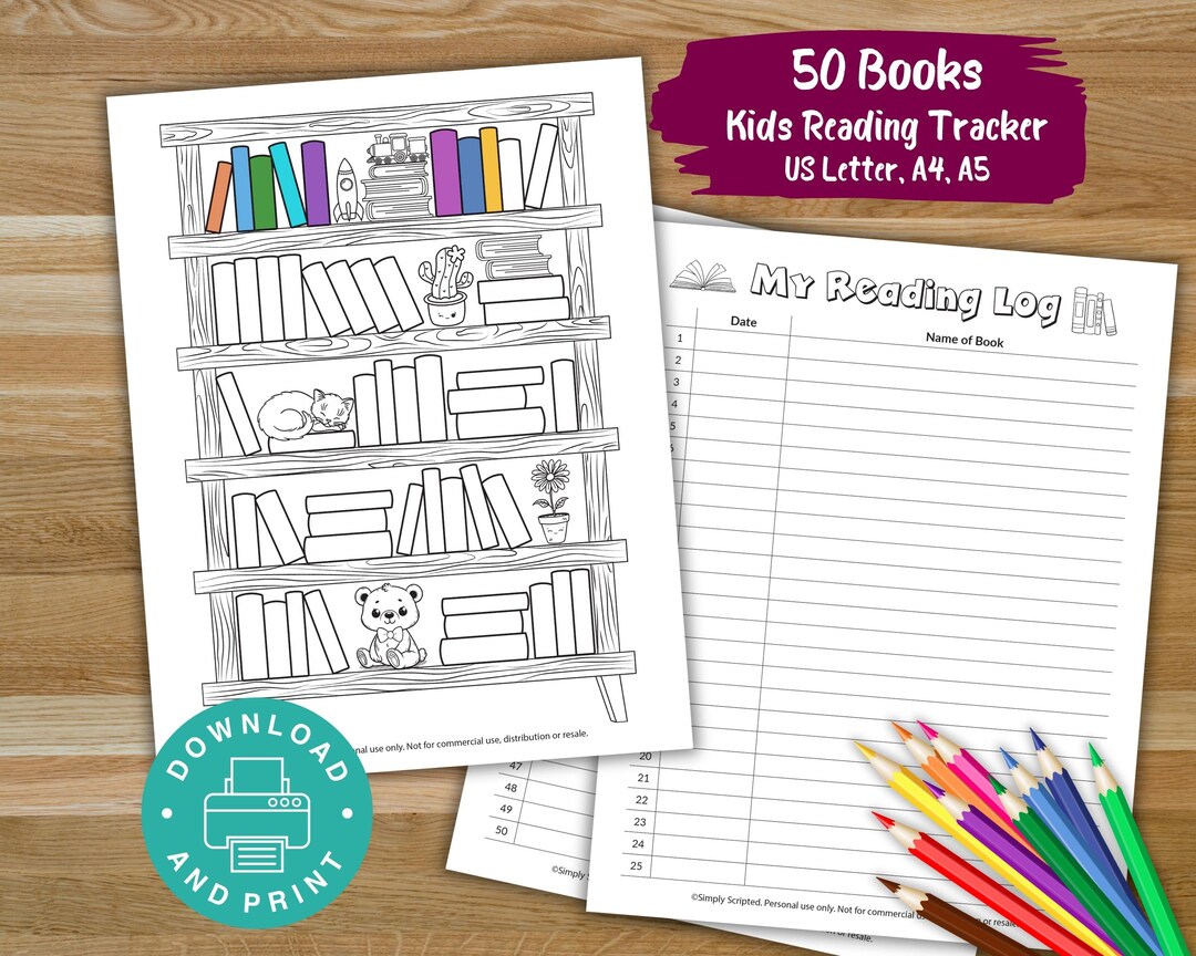 50 Books Reading Challenge, Coloring Bookshelf Tracker, Printable Kids ...