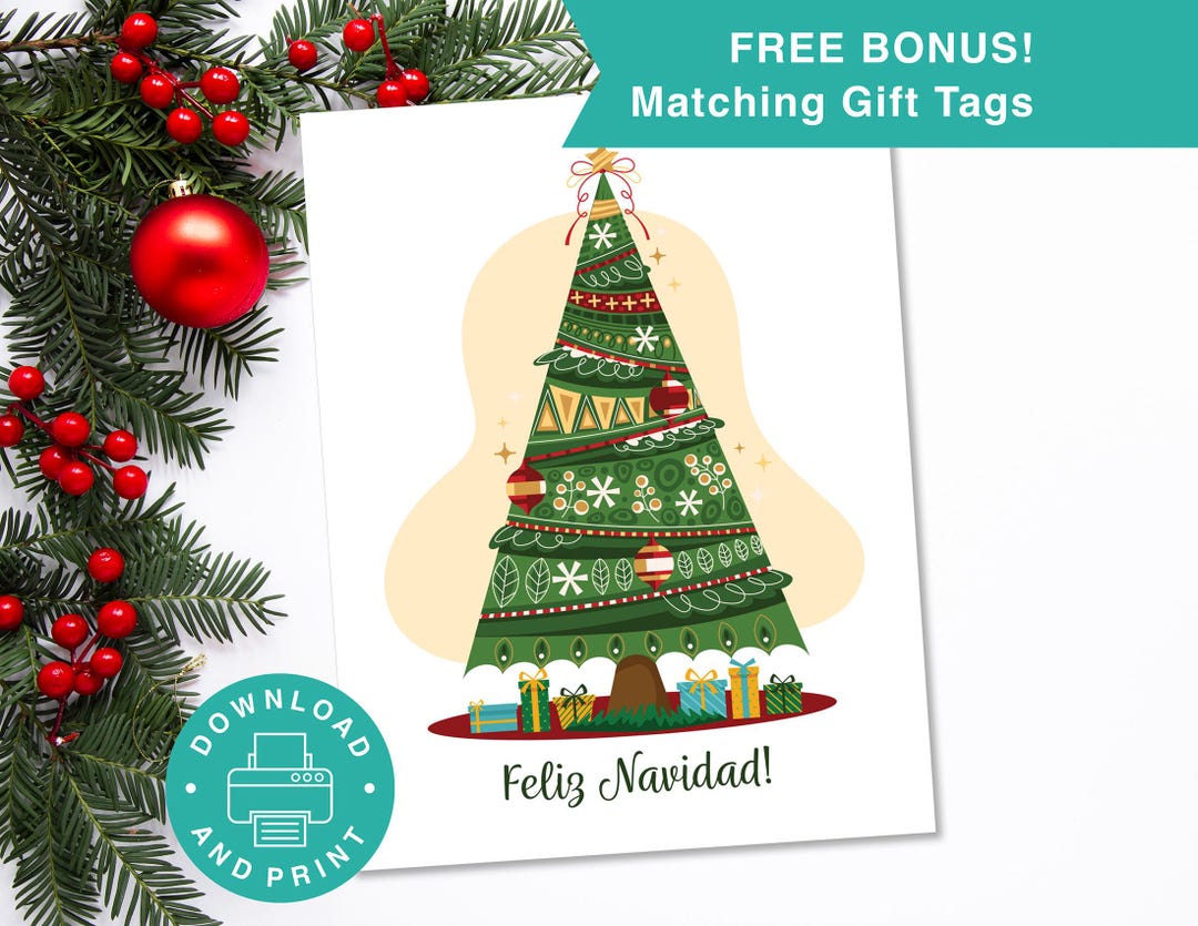 Printable Christmas Card, Feliz Navidad, Christmas Tree, Spanish Card ...