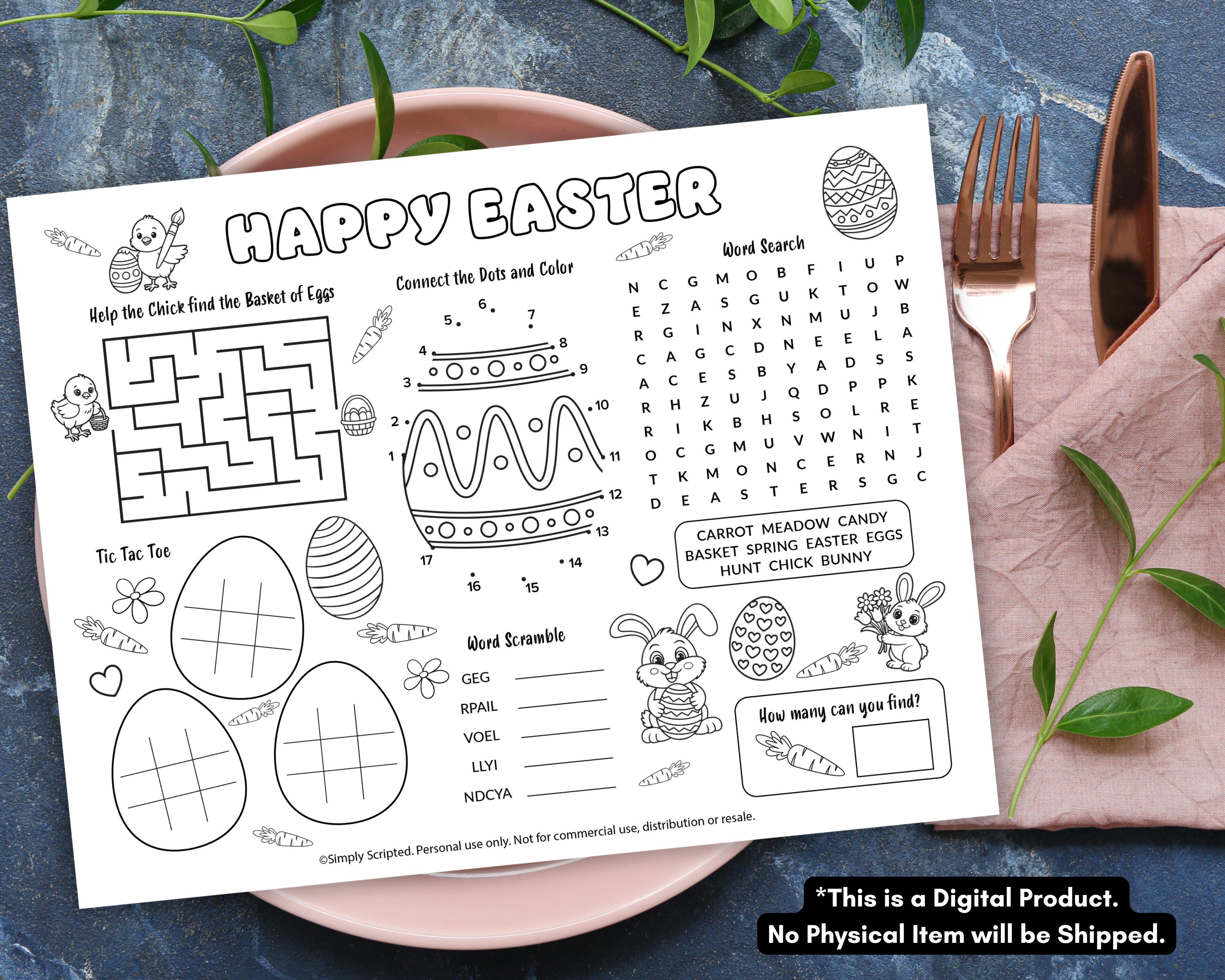Easter Activity Placemat for Kids, Printable Easter Coloring Placemat ...
