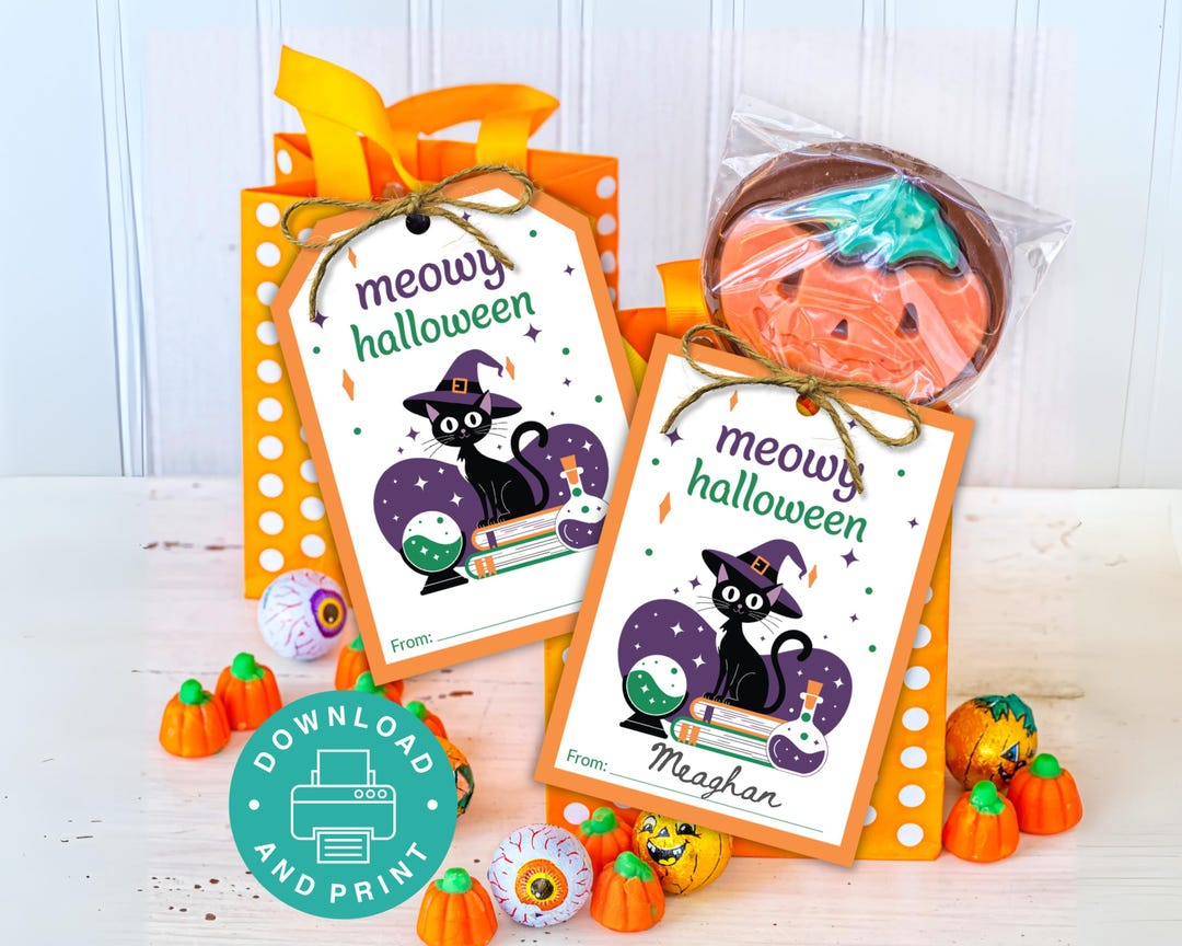 Halloween Class Gift Tag, Printable Halloween Favor Tag, Black Cat ...