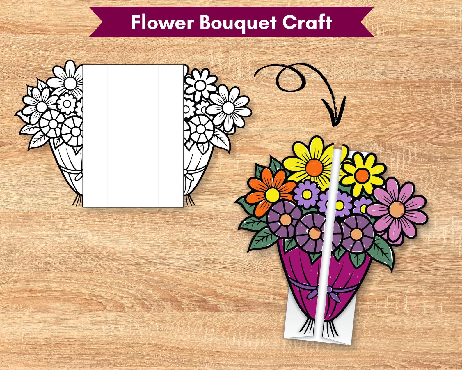 Flower Bouquet Coloring Card, Printable Mother's Day Craft, DIY Kids ...