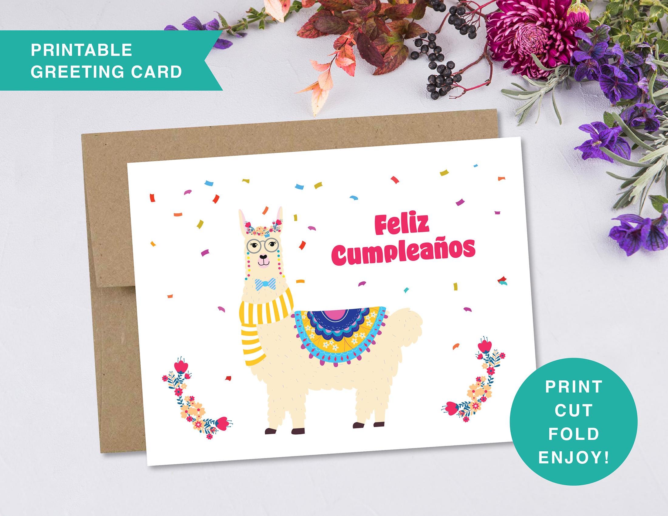 Printable Birthday Card, Llama Birthday, Feliz Cumpleanos, Spanish Card ...