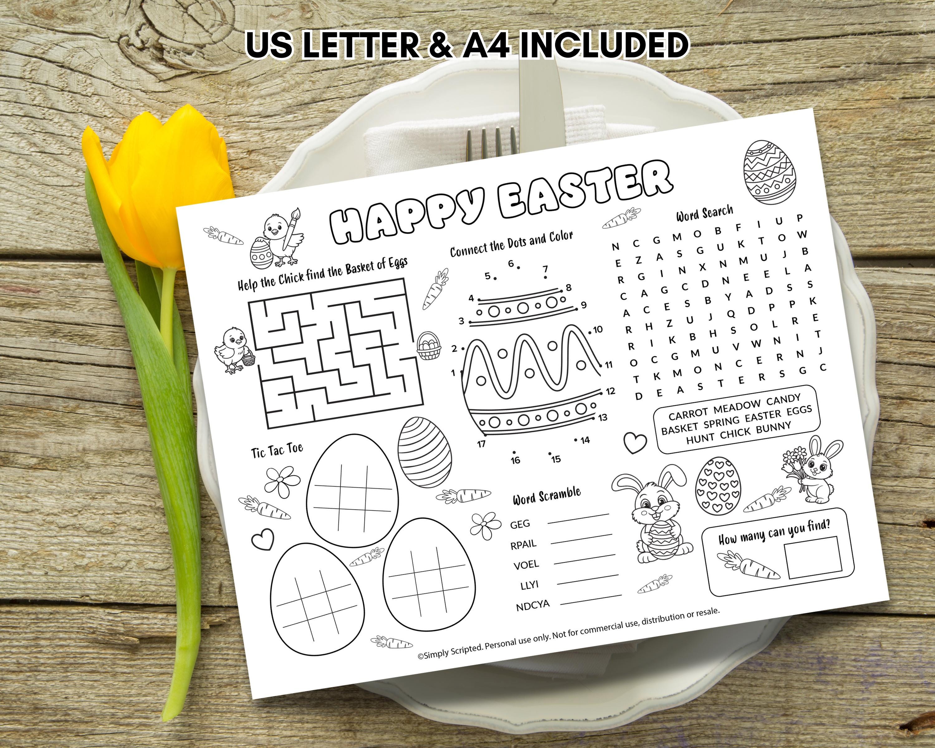 Easter Activity Placemat for Kids, Printable Easter Coloring Placemat ...