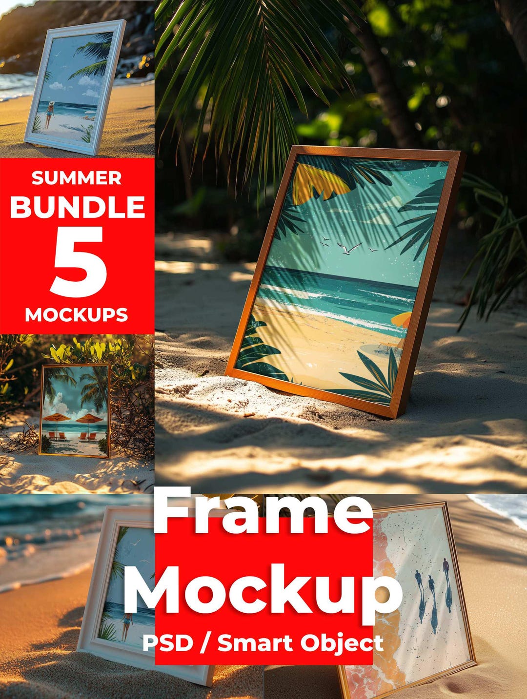 5 Summer Frames, Beach Art Frame, Mockup Bundle, Artful Beach Poster ...
