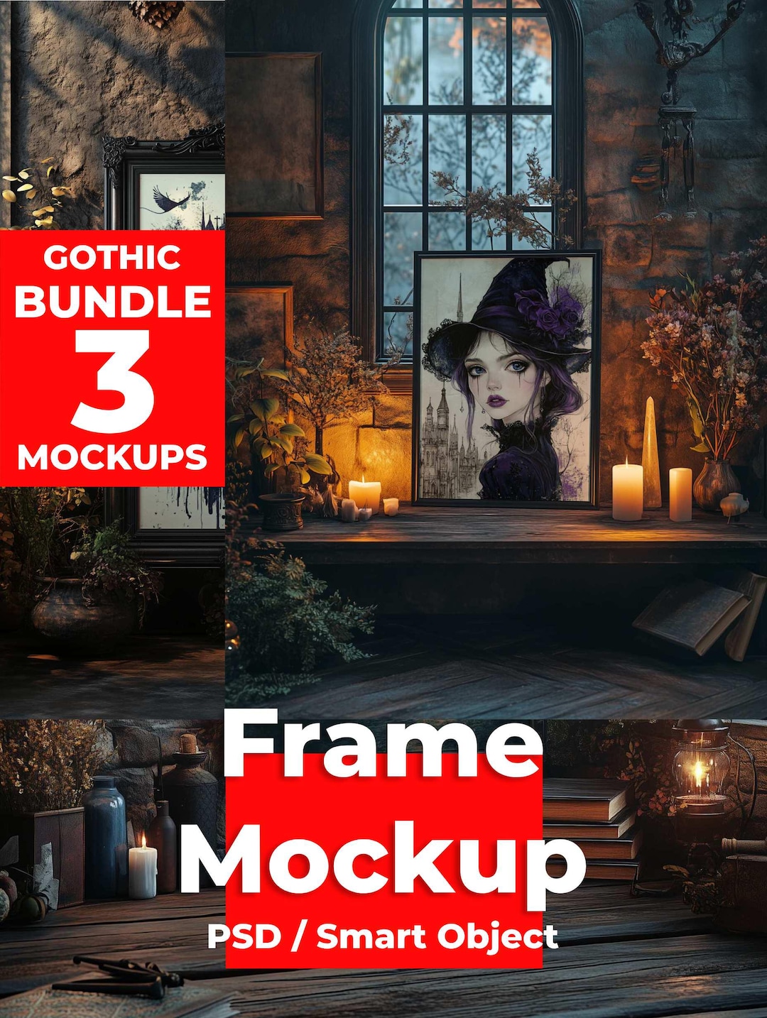 3 Gothic Decor Frames, Horror Frames, Witchy Frames, Mockup Bundle ...