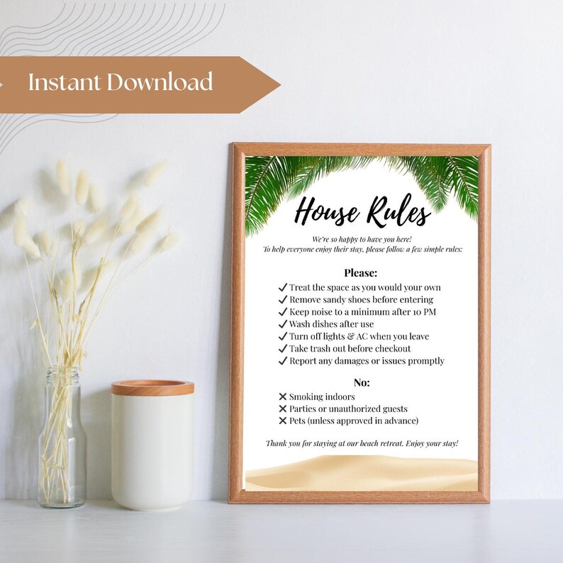Beach House Rules Sign – Coastal Vacation Rental Printable, Airbnb Wall ...