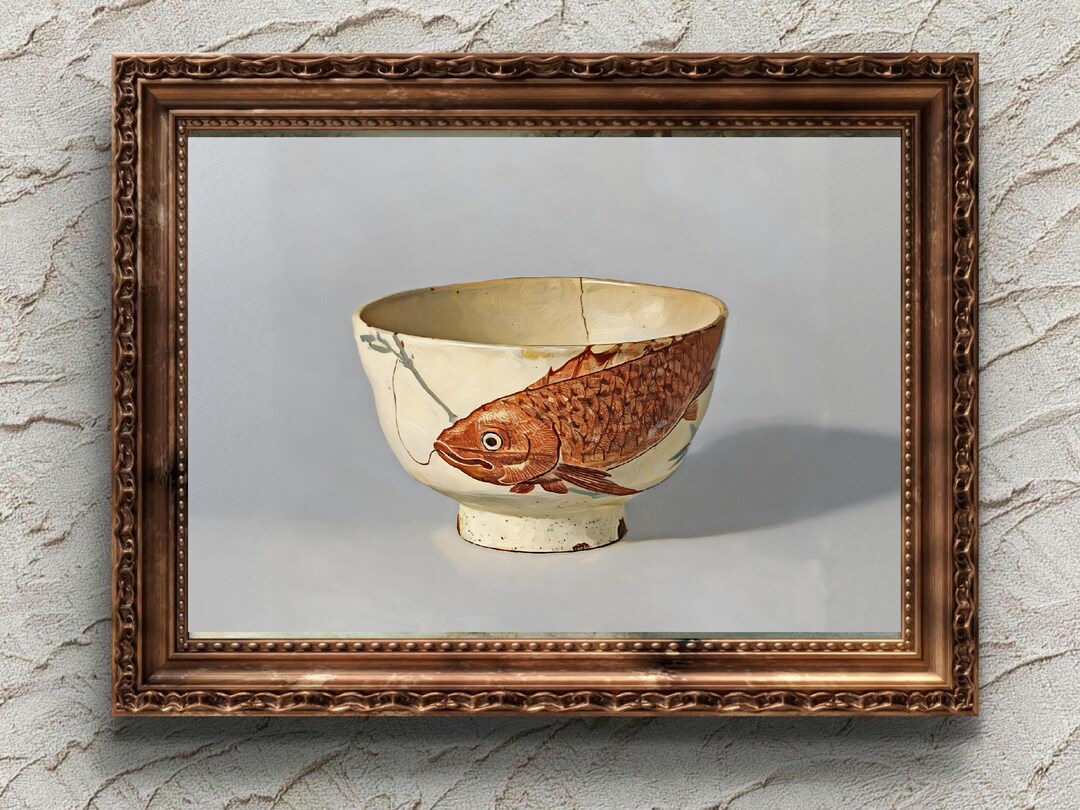 Japanese Koi Fish Bowl Art Print | Wabi-sabi Ceramic Drawing | Cream ...