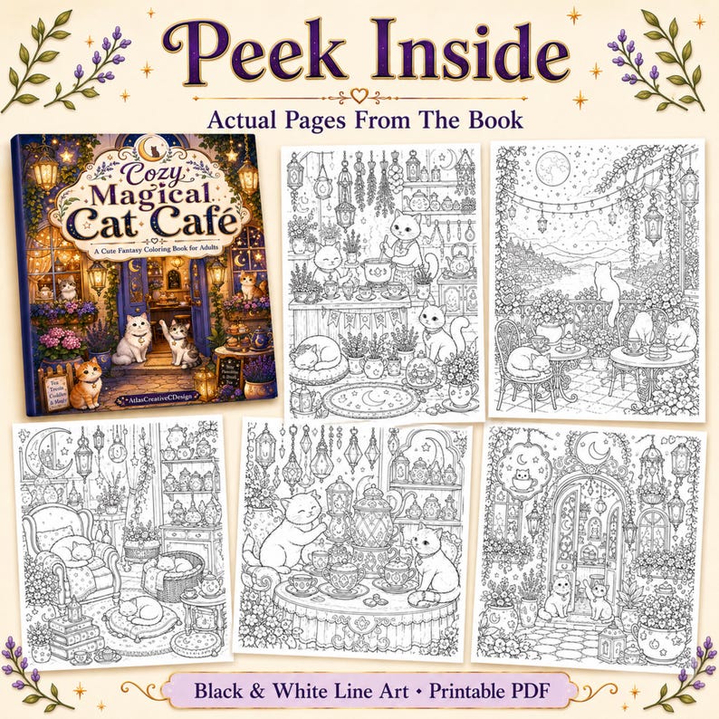 Coloring Pages for Adults, Cozy Magical Cat Cafe Printable PDF ...