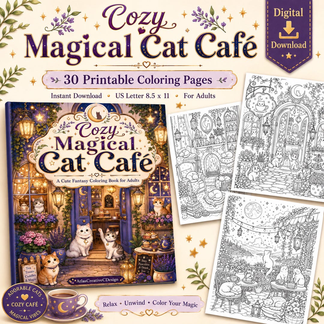 Coloring Pages for Adults, Cozy Magical Cat Cafe Printable PDF ...