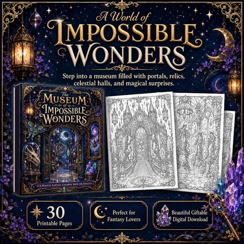 Fantasy Coloring Pages for Adults, Magical Museum Line Art, Printable ...