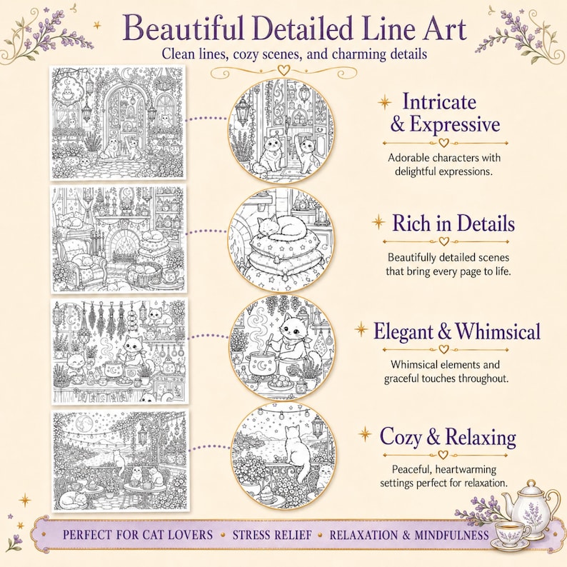 Coloring Pages for Adults, Cozy Magical Cat Cafe Printable PDF ...