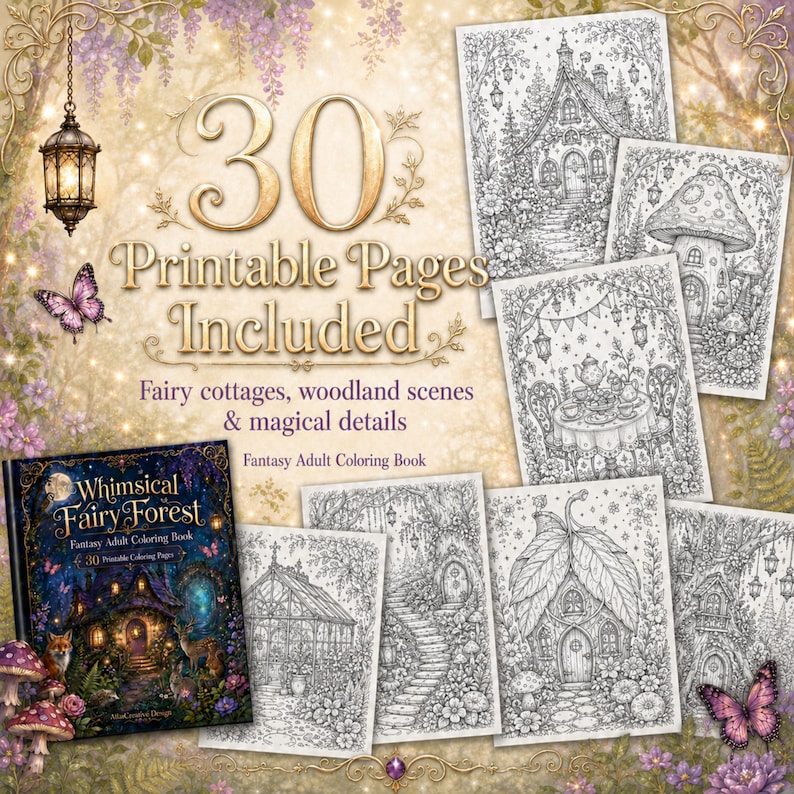 30 Coloring Pages for Adults, Whimsical Fairy Forest Printable PDF ...