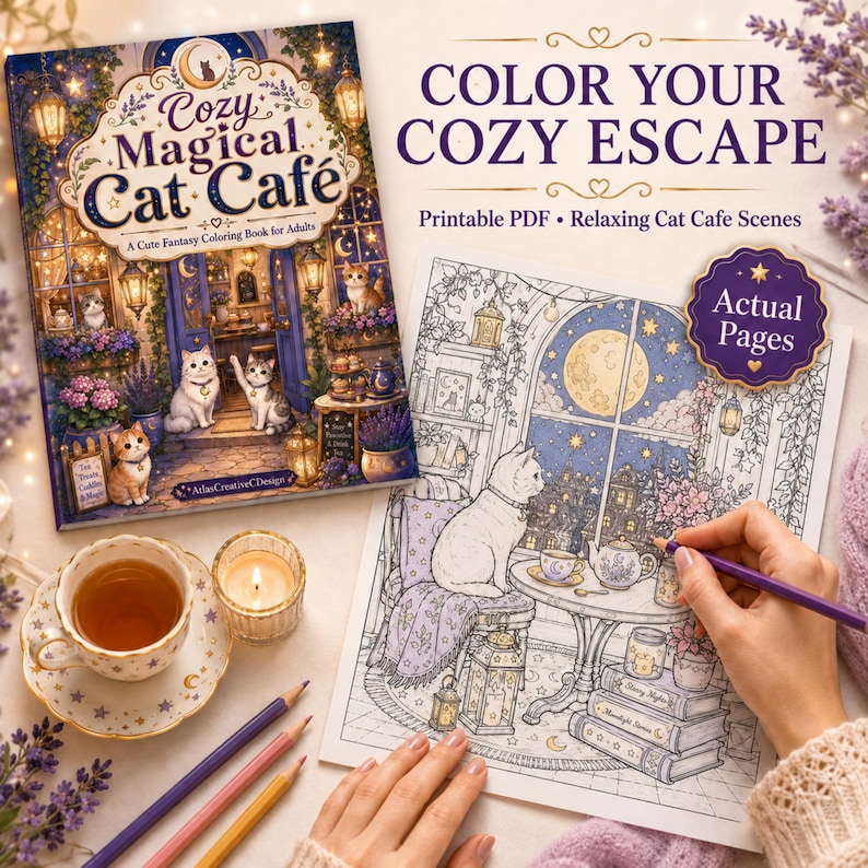 Coloring Pages for Adults, Cozy Magical Cat Cafe Printable PDF ...