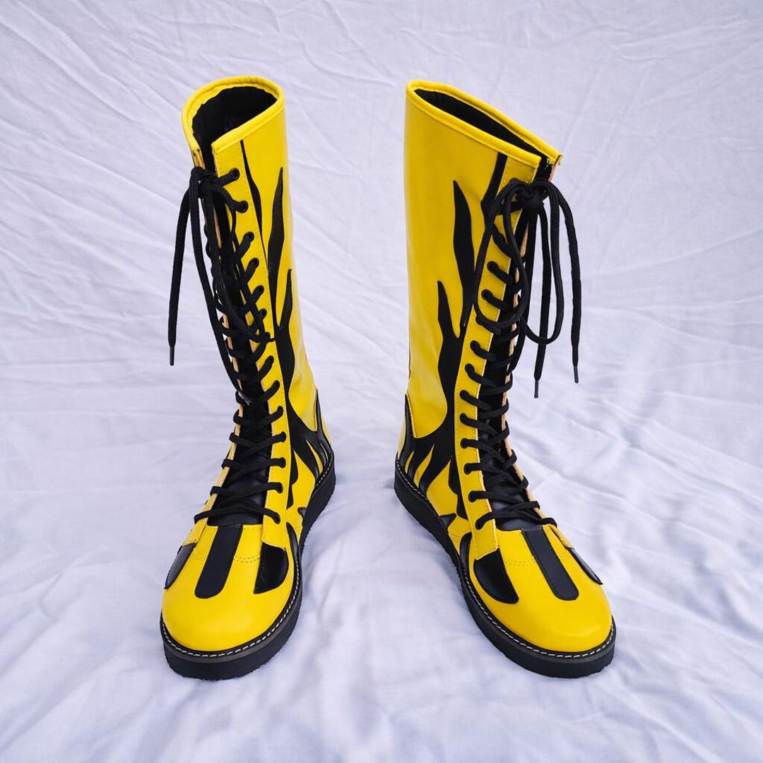 Botas de luta livre profissional unissex amarelas e pretas com chamas ...