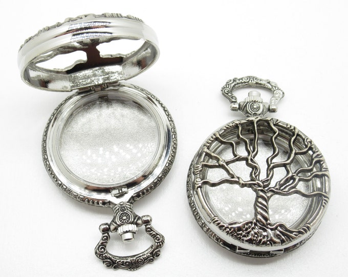 Tree Front Antiqued Silver Pocket Watch Locket Clear Glass See Through ...