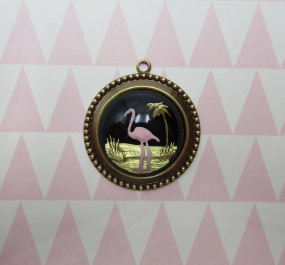 Paper, Party & Kids 18mm Round Glass Cameo Black with Pink Birds & Gold ...