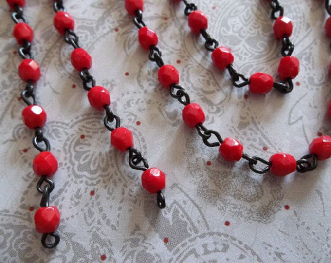 Bead Chain Opaque Red 4mm Fire Polished Glass Beads on Jet Black Beaded ...