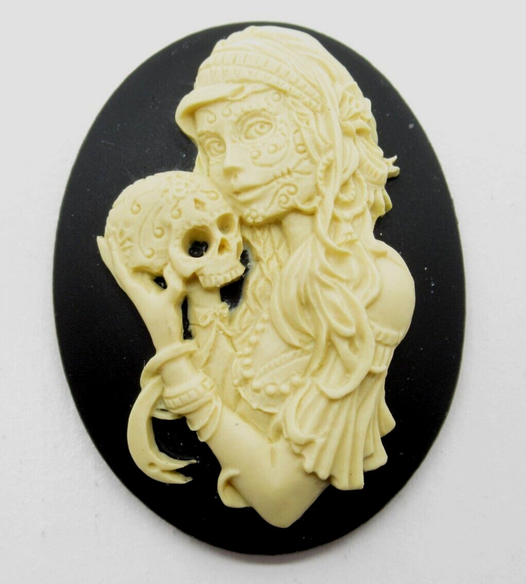 Lady Holding Skull Cameos Ivory on Black Day of the Dead Cabochons ...