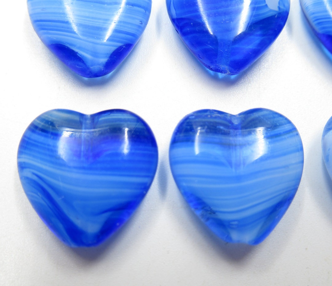 Striped Glass Heart Beads Blue Porphyr 16mm With Top Hole Puff Hearts ...