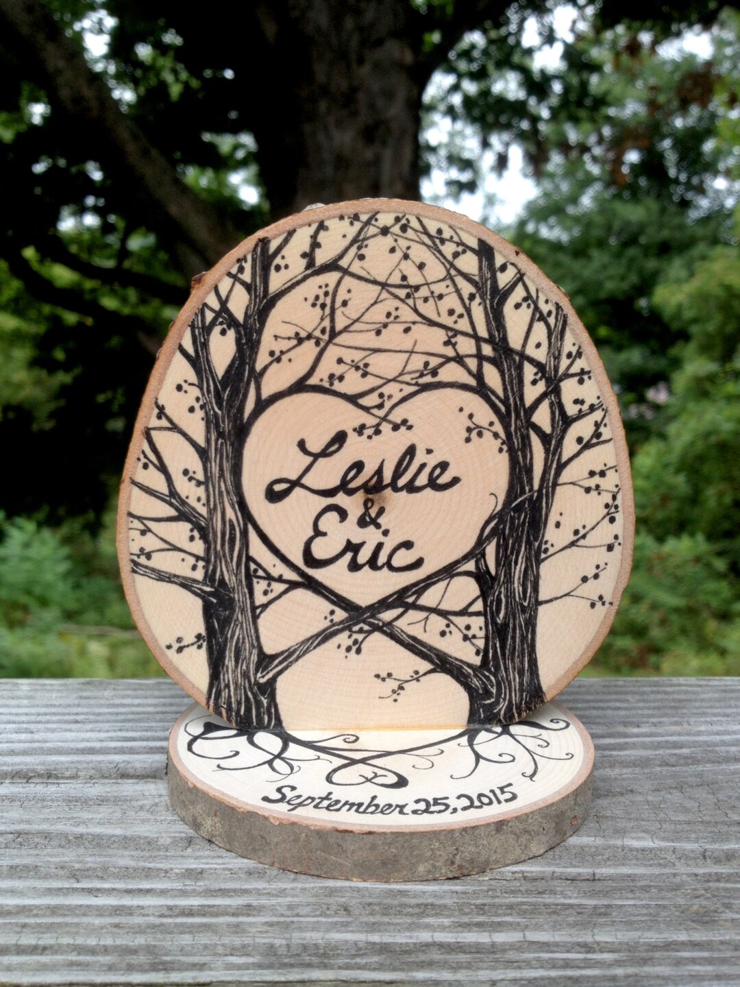 Rustic Tree Slice Wedding Cake Topper: Hand Drawn Ink, Personalized - Etsy