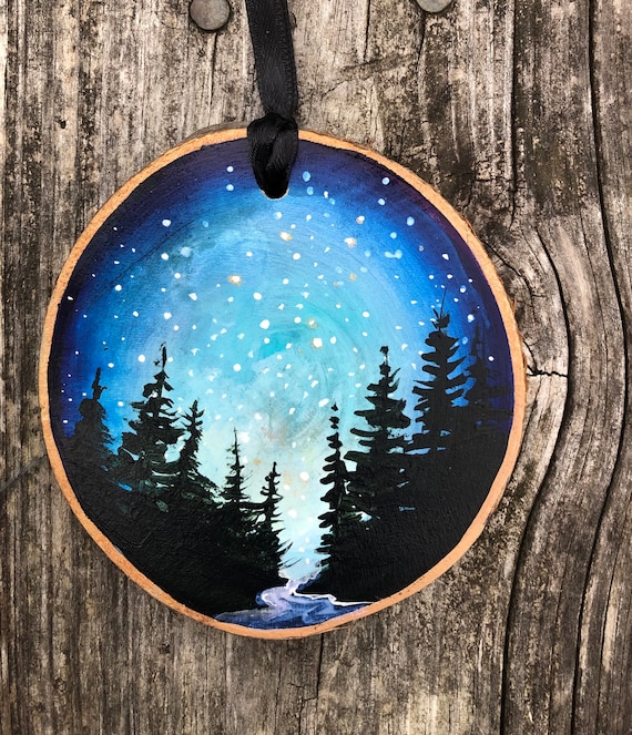 Starry Night Sky With Trees Hand Painted Wood Slice Ornament - Etsy