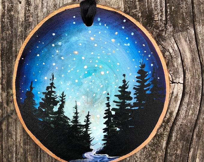 Starry Night Sky With Trees, Hand Painted Wood Slice Ornament - Etsy