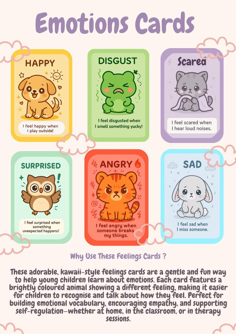 Kawaii Emotions Cards an Emotions Wheel for Kids - Etsy