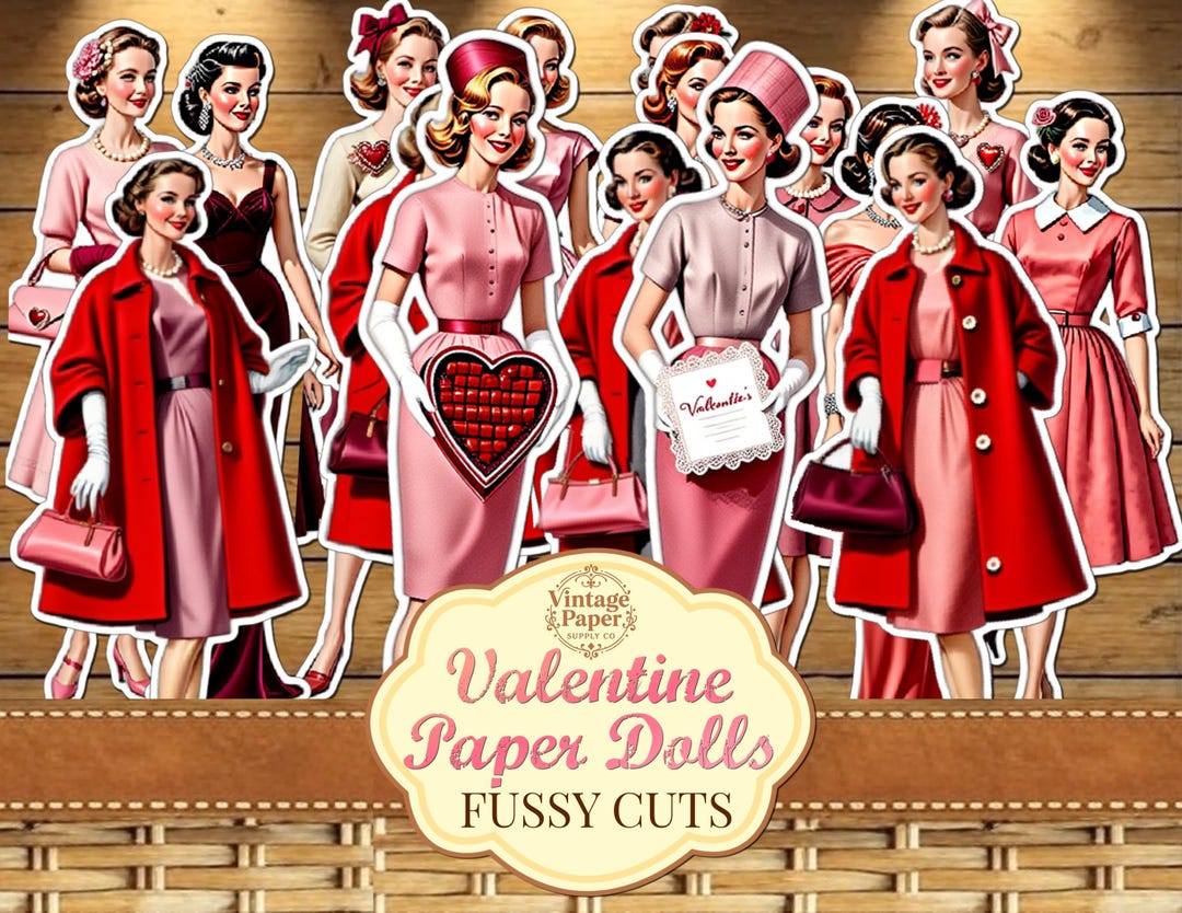 Valentine Paper Dolls Fussy Cuts, Junk Journal, Heart Ephemera, Vintage ...