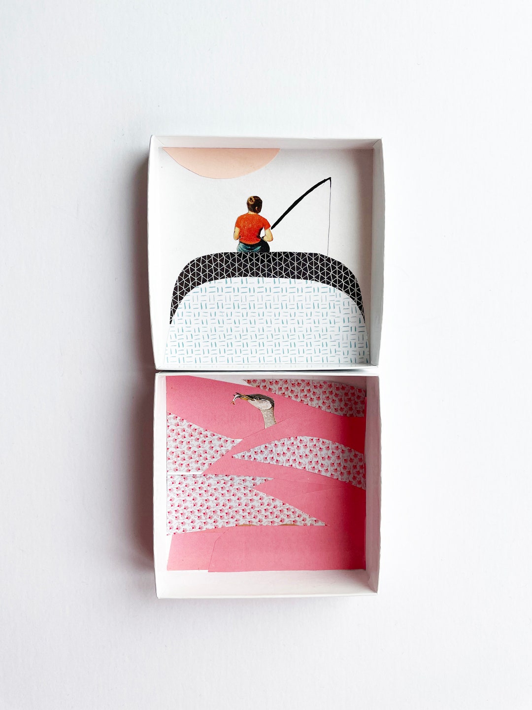 Original Collage Artwork, Assemblage Box - the Bird Catches the Fish - Etsy