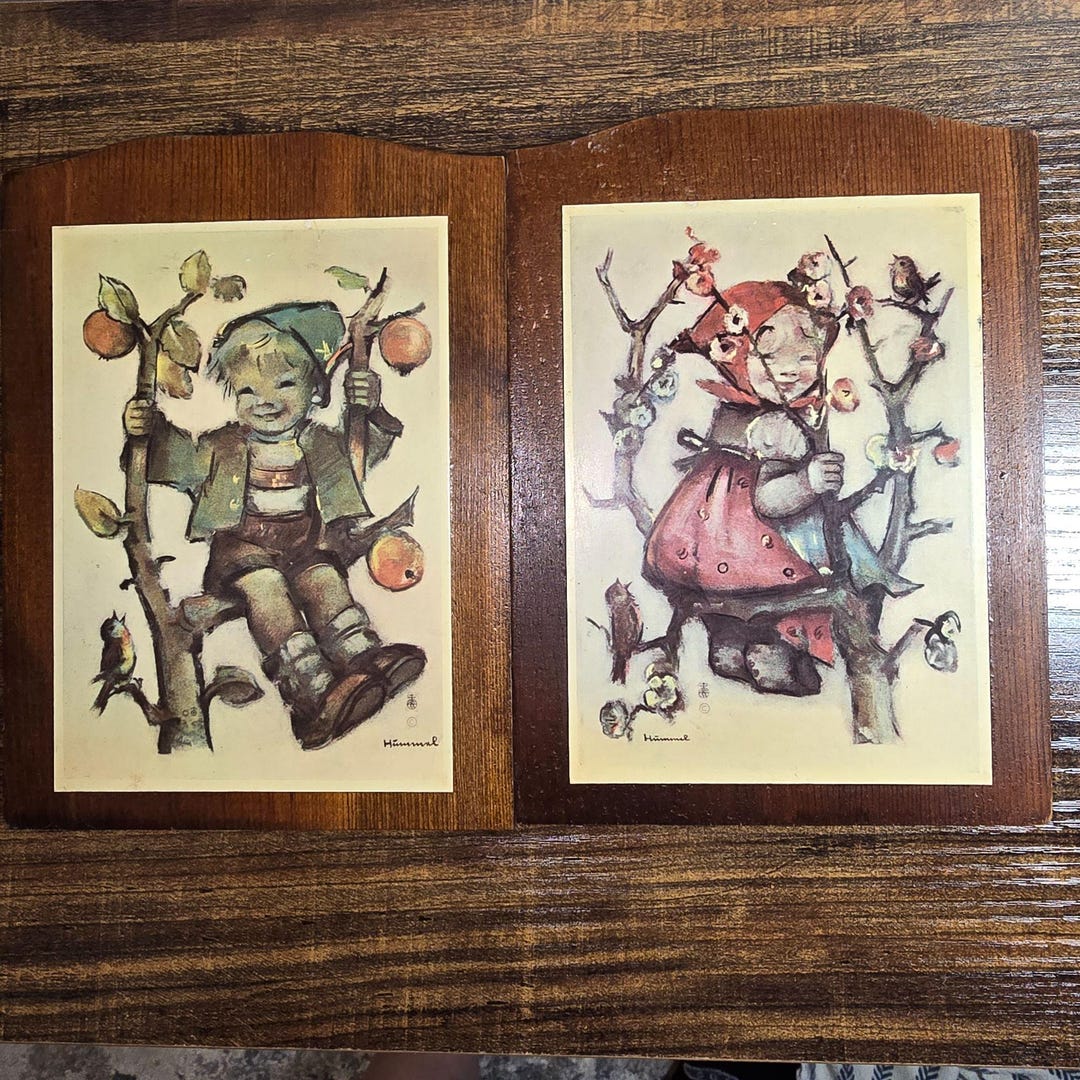 Vintage Set MCM Hummel Wall Plaques Boy & Girl on Trees Wooden Backing ...