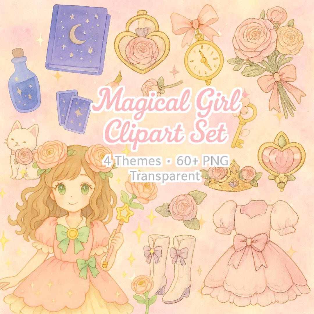 Magical Girl Clipart Set 60| Watercolor PNG Bundle - 4 Themes - Etsy