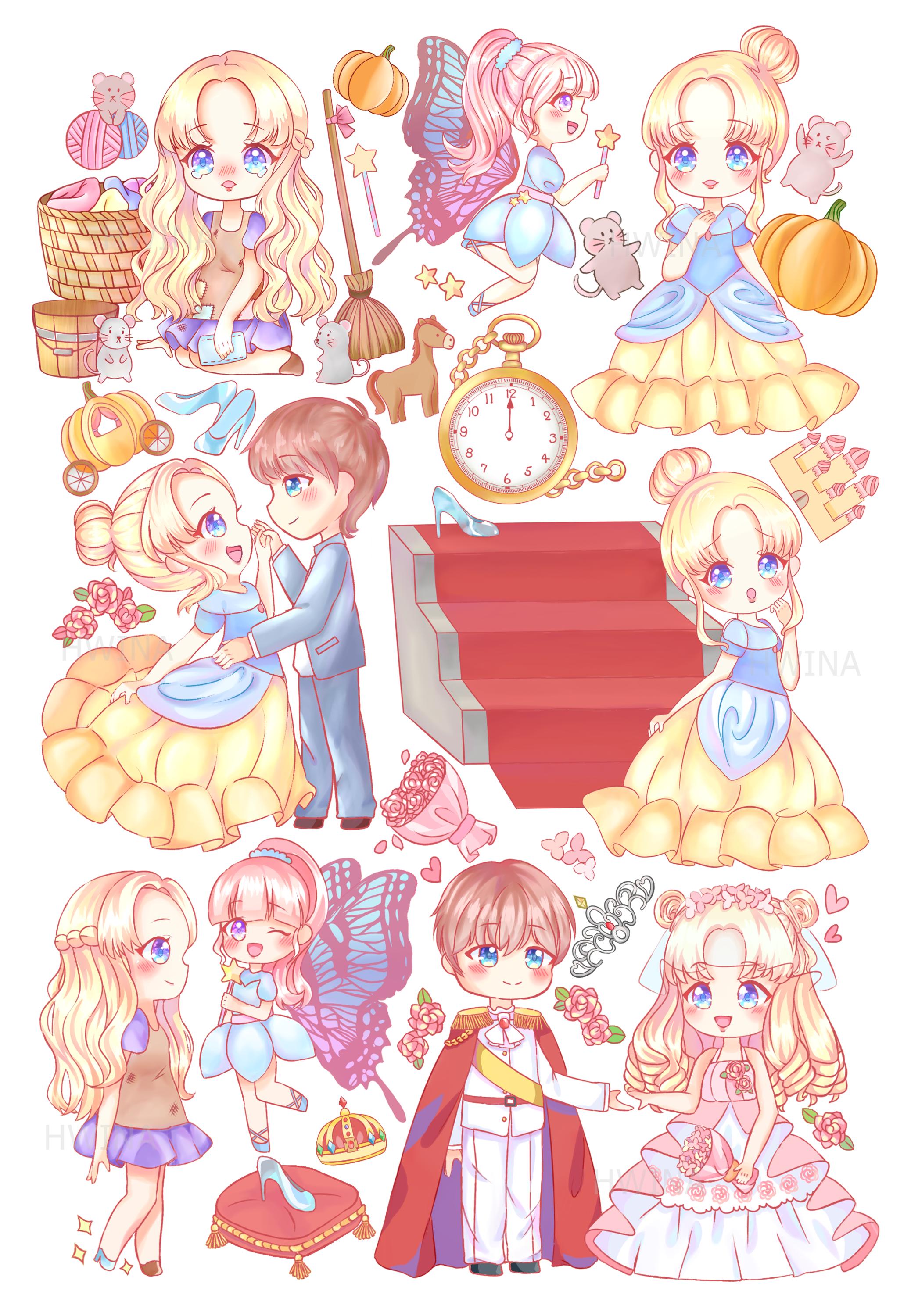 Chibi Digital Stickers PNG | Cinderella Clipart for Planners ...