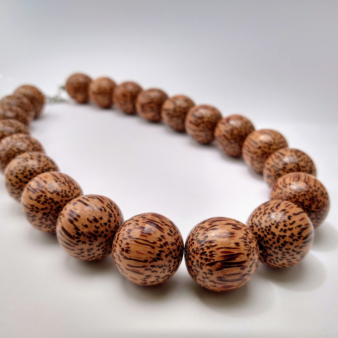 Chunky Coconut Wood Bead Necklace, Unisex Statement Jewelry, Boho ...