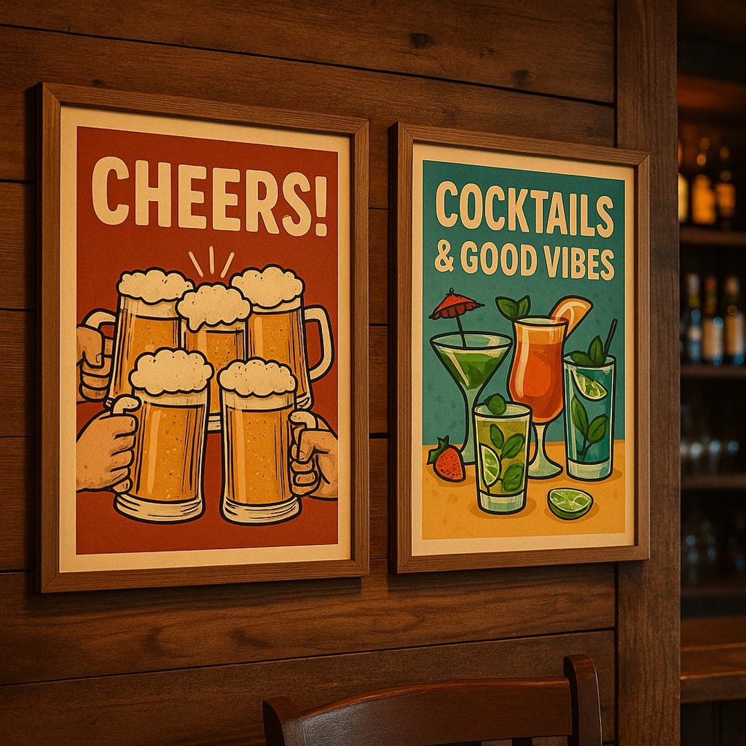 Retro Bar Wall Art Bundle – 10 Vintage-style Drink Posters for Home Bar ...