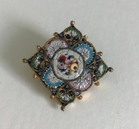 Antique gold plated micro mosaic pin italy - Gem