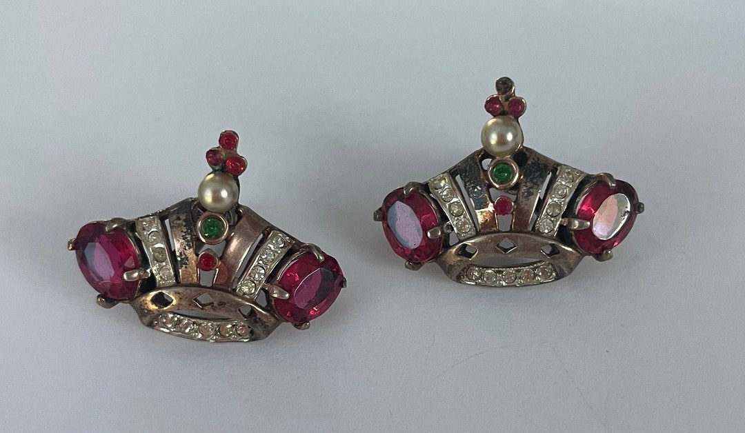 Vintage Sterling Rhinestone Jelly Belly Crown Screw Back Earrings - Etsy