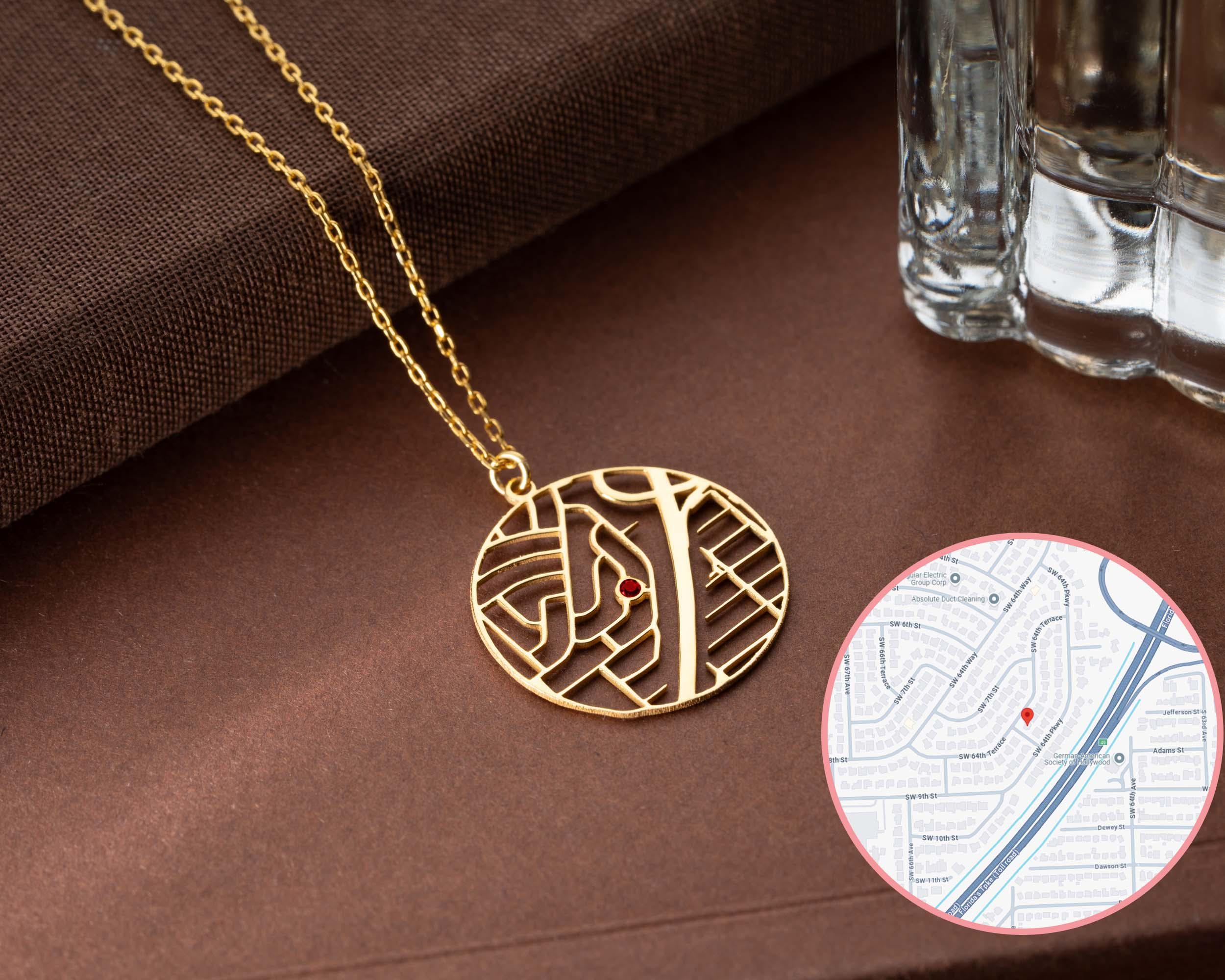 Custom Map Necklace With Birthstone Personalized Map Jewelry First Date ...