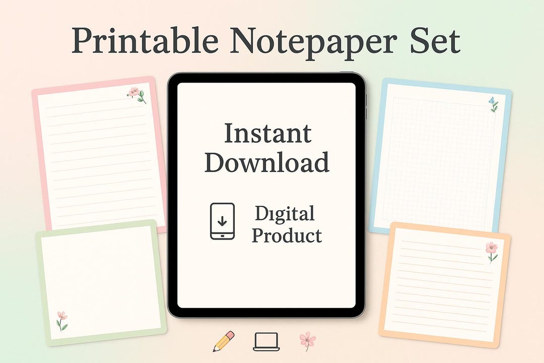 Floral Printable Notepaper Set: A4 Digital Stationery With Lined, Grid ...