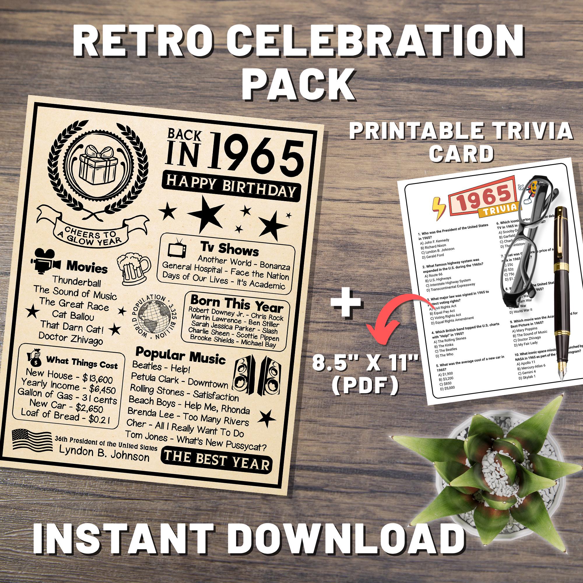 1965 Birthday Poster, 60th Birthday Newspaper Sign, Printable 1965 ...