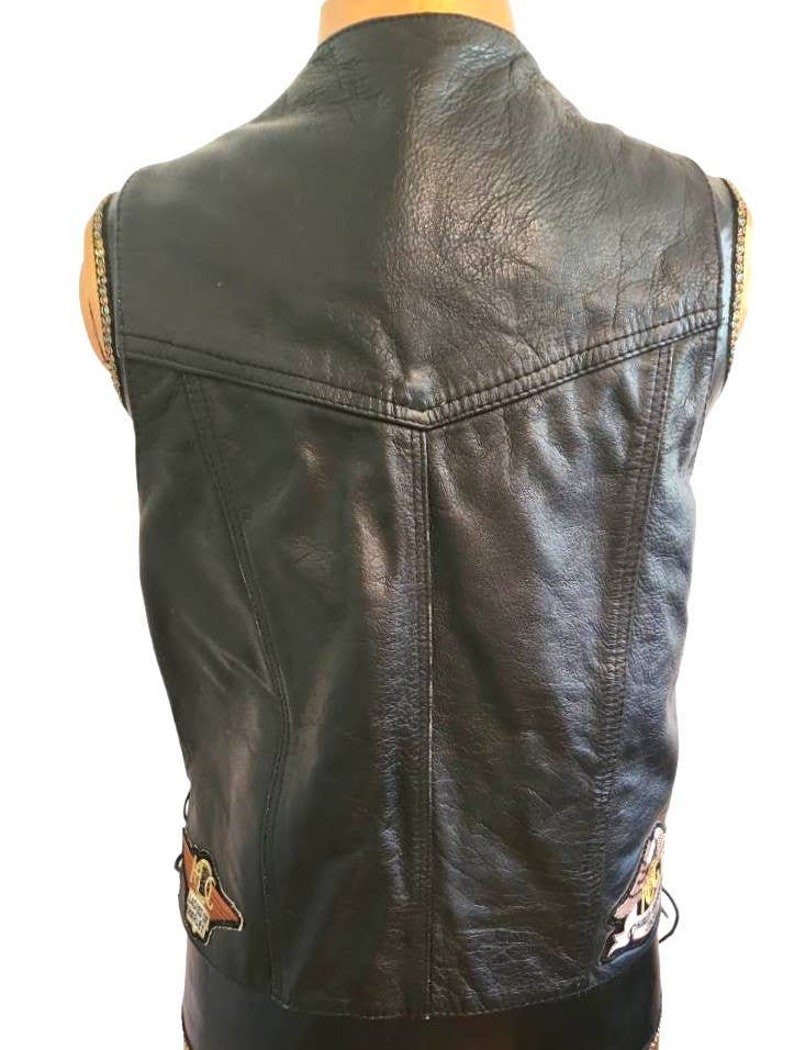 Vtg UNIK Black Leather Ladies of Harley MOTORCYCLE VEST Patches Pin 42 ...